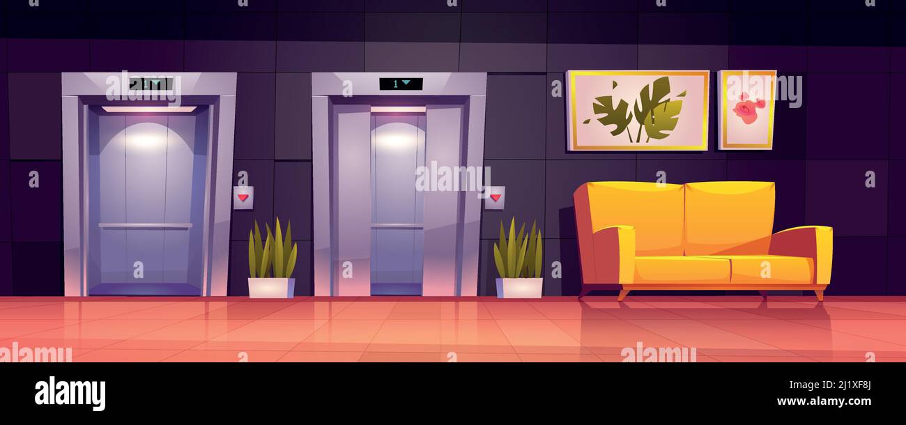 Empty hallway interior with open elevator doors, yellow sofa and plants ...