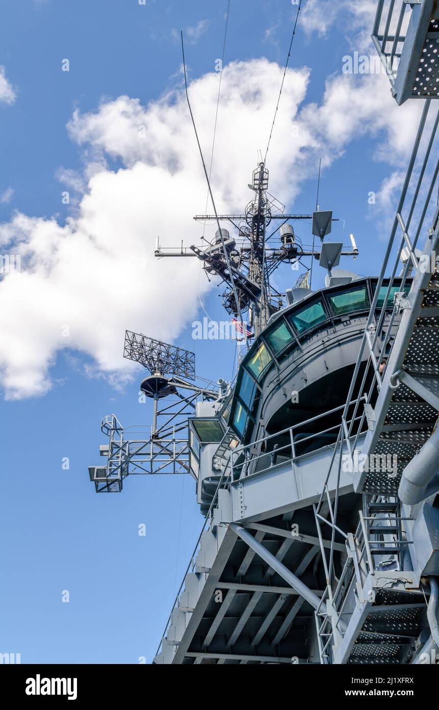 Tower of the Intrepid, view from low angle, Intrepid Sea-Air-Space ...