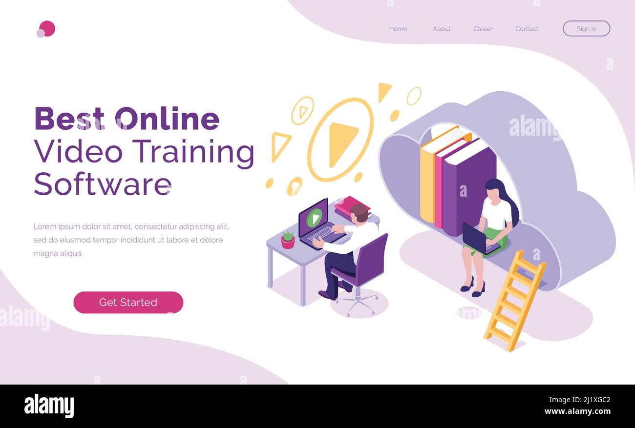 Online video training software isometric landing page, business people ...