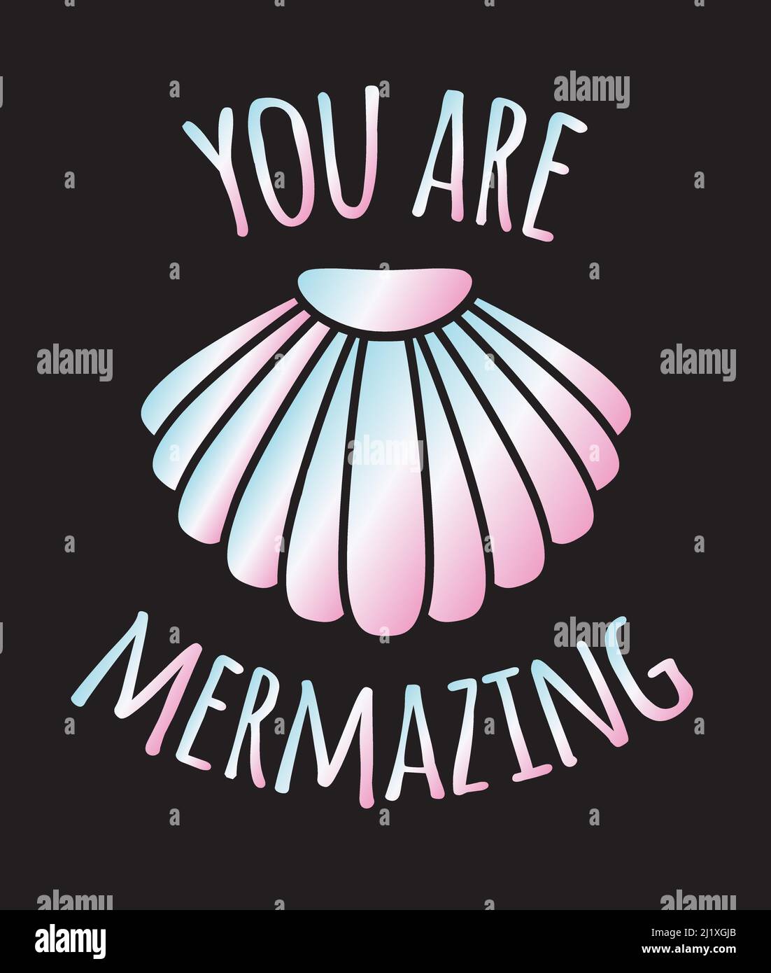 Vector holographic mermaid quote with shell isolated on black ...