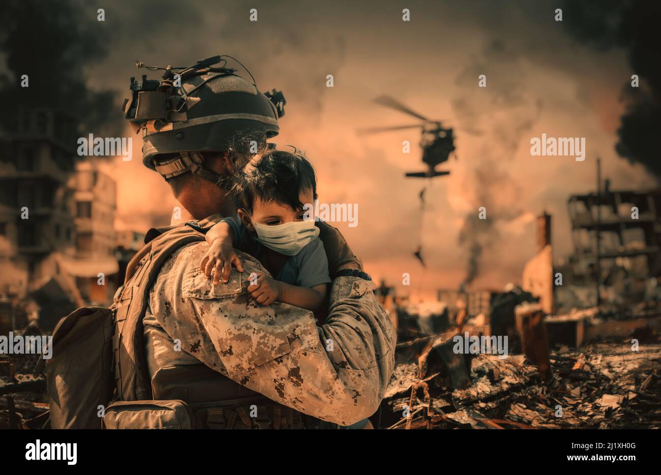 A soldier helping an orphan in destroyed city at war Stock Photo - Alamy