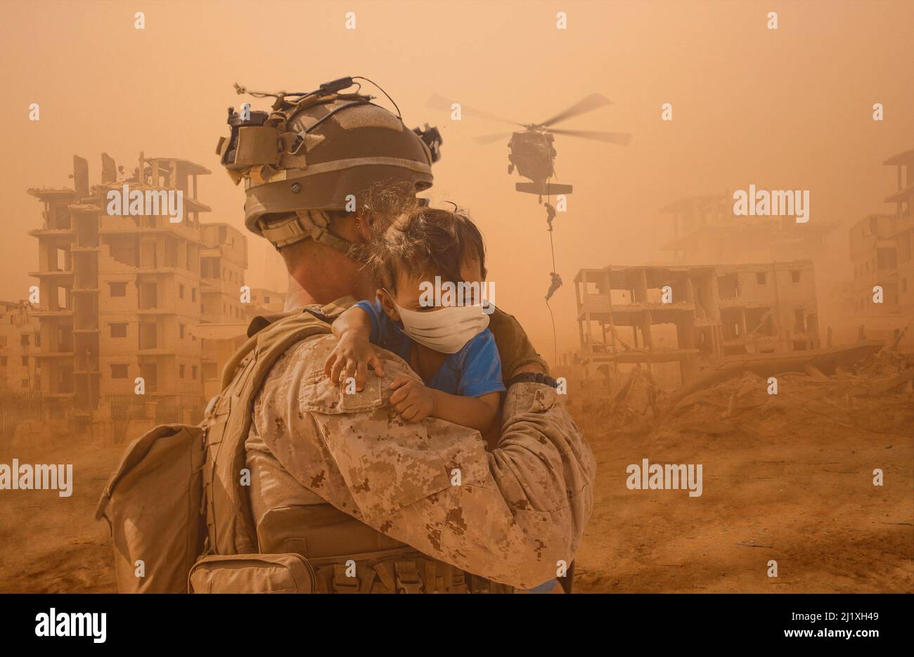 A soldier helping an orphan in destroyed city at war Stock Photo - Alamy