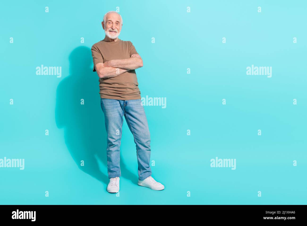 Full length body size view of attractive content grey-haired man folded ...