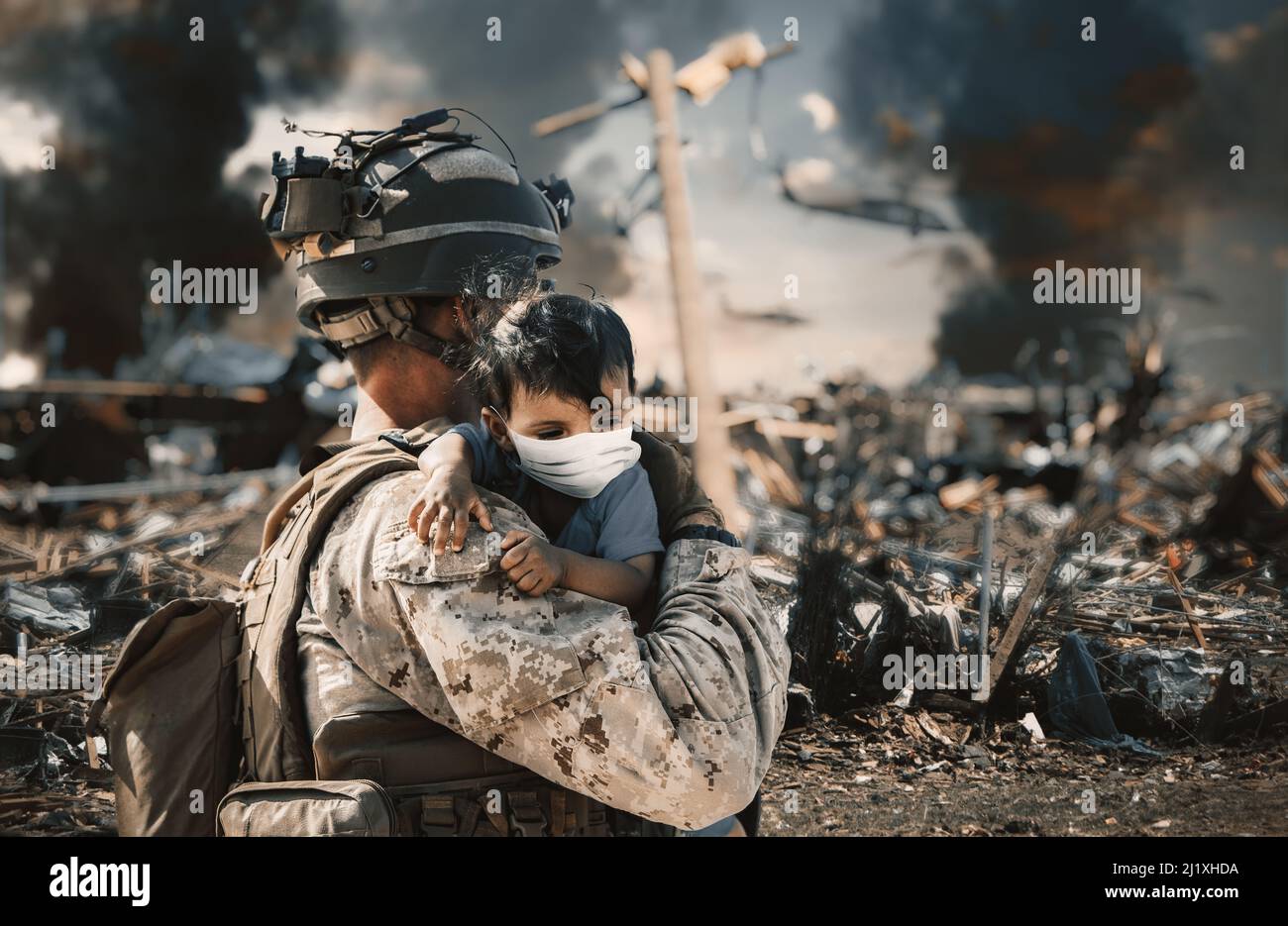 A soldier helping an orphan in destroyed city at war Stock Photo - Alamy