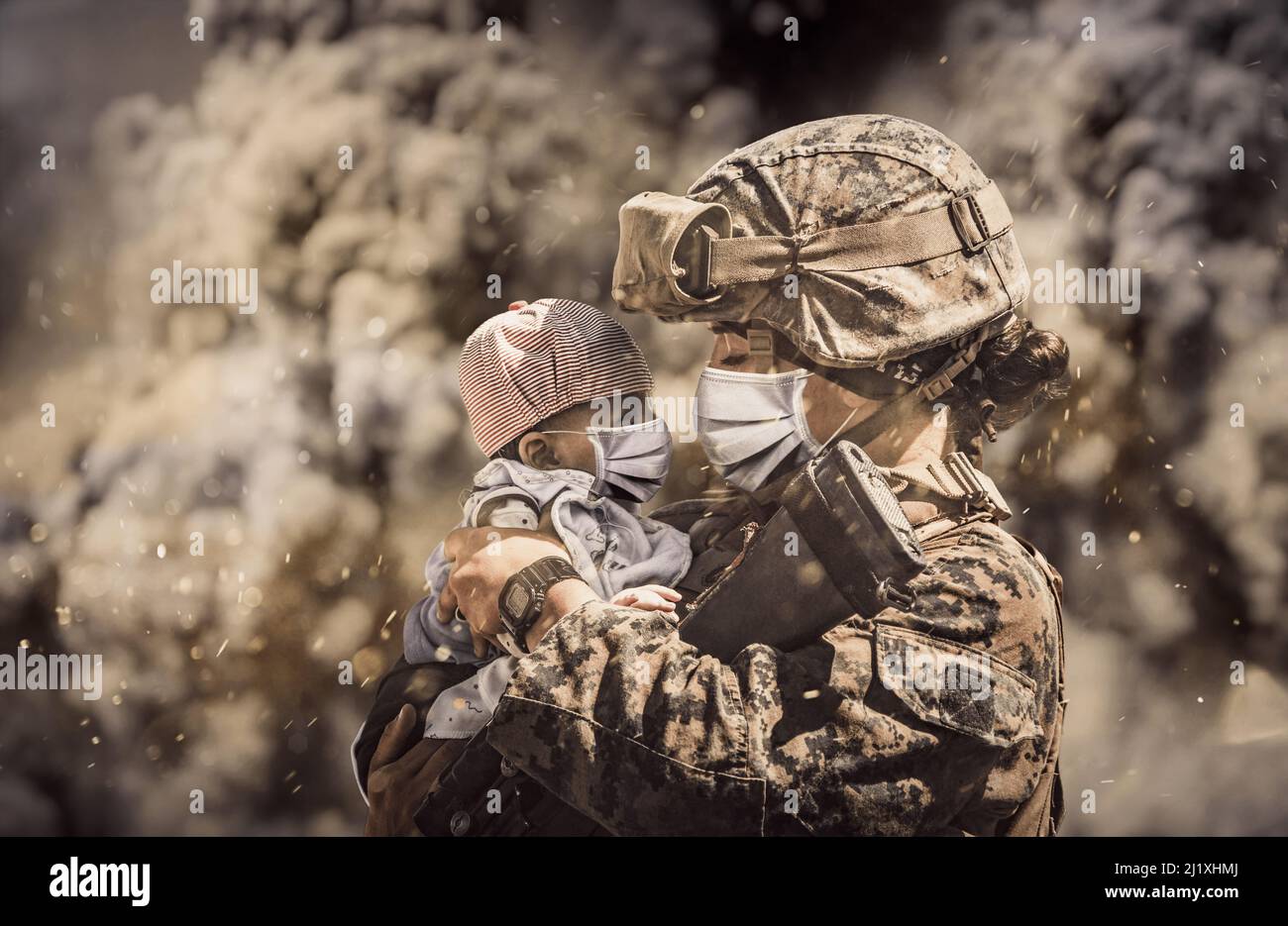A soldier helping an orphan in destroyed city at war Stock Photo - Alamy
