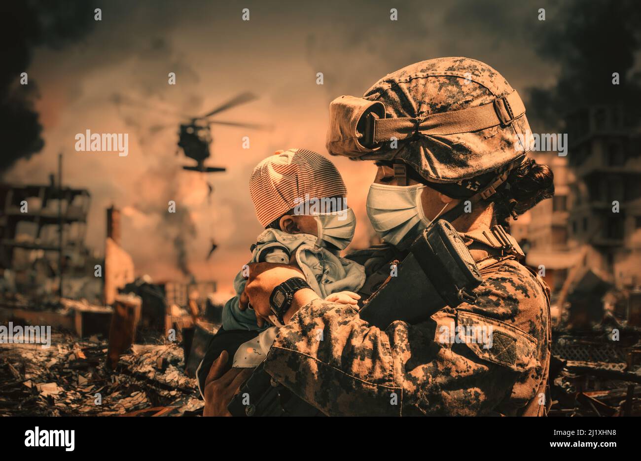 A soldier helping an orphan in destroyed city at war Stock Photo - Alamy