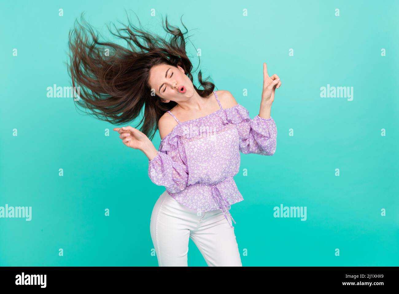 Portrait of attractive dreamy cool cheerful wavy-haired girl dancing ...