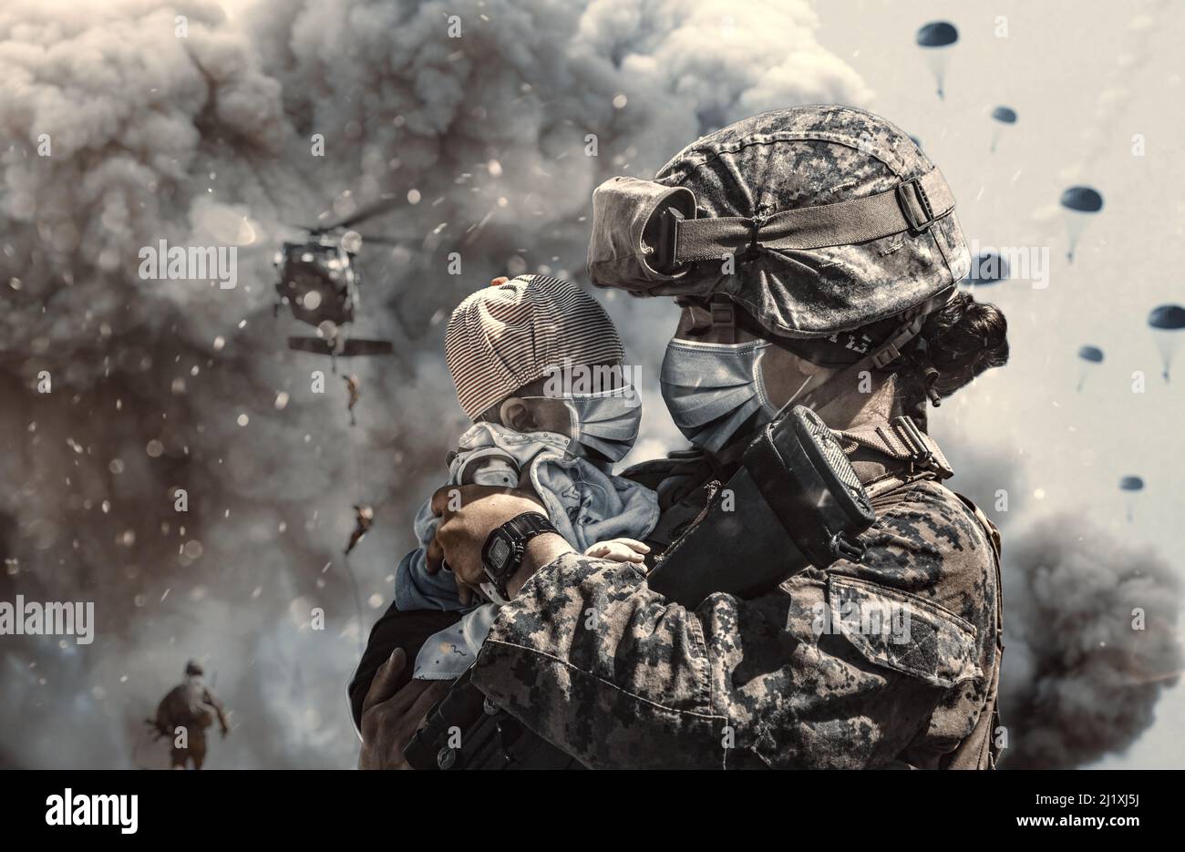 A soldier helping an orphan in destroyed city at war Stock Photo - Alamy