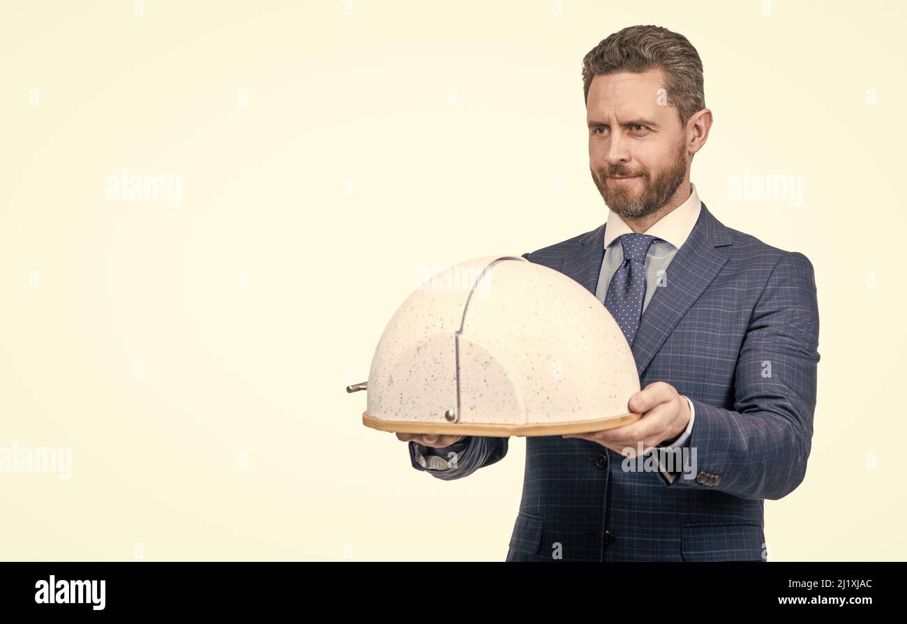 business service. serving success. successful man with dinner dome tray ...