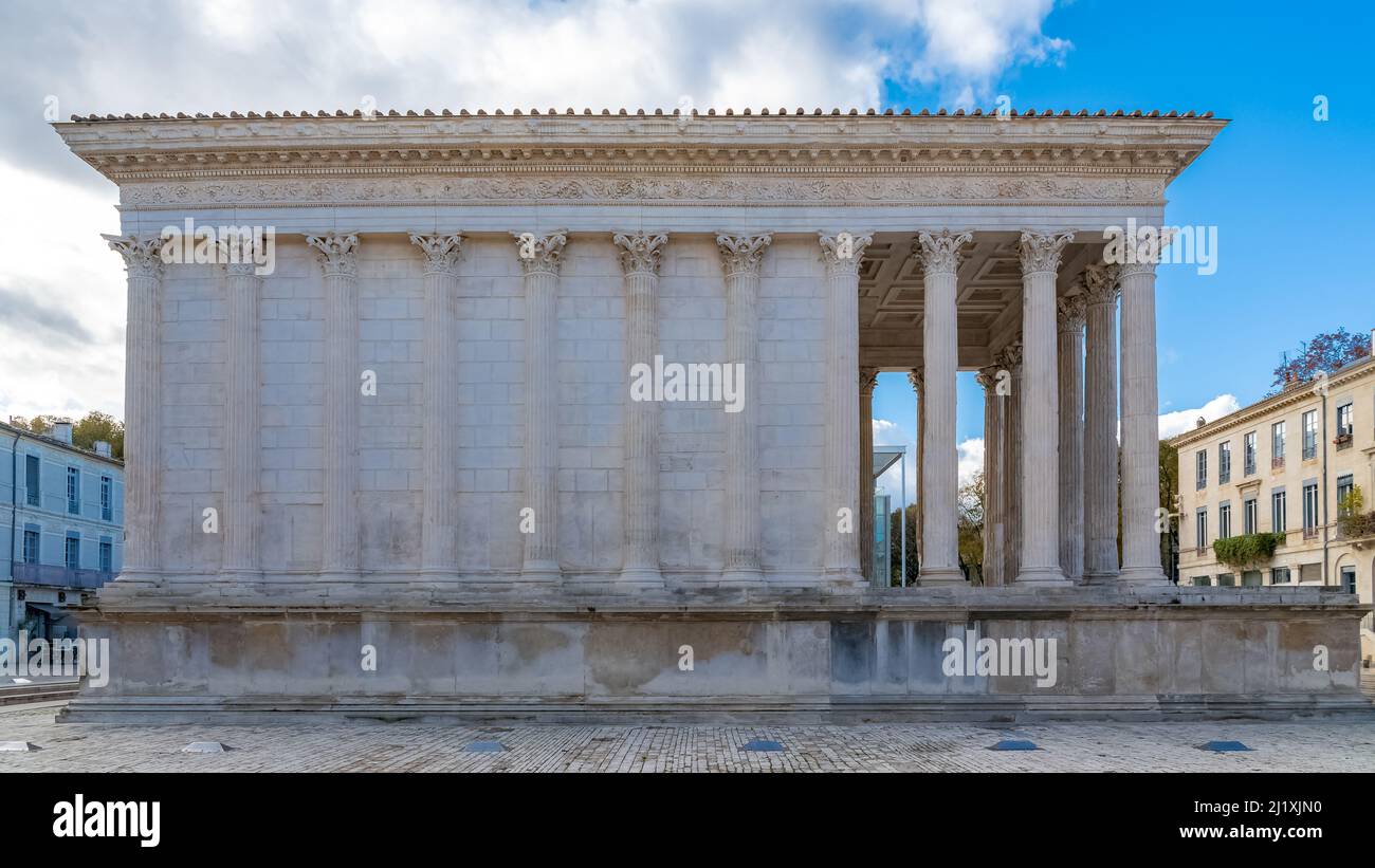 Nimes in France, the Maison carree, antique roman temple in the ...