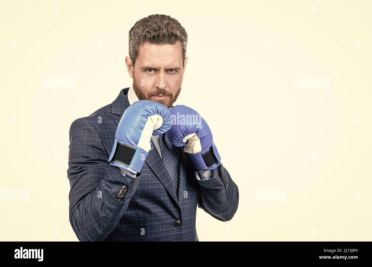 Keep fighting. Boss wear boxing gloves. Standing in fighting position ...