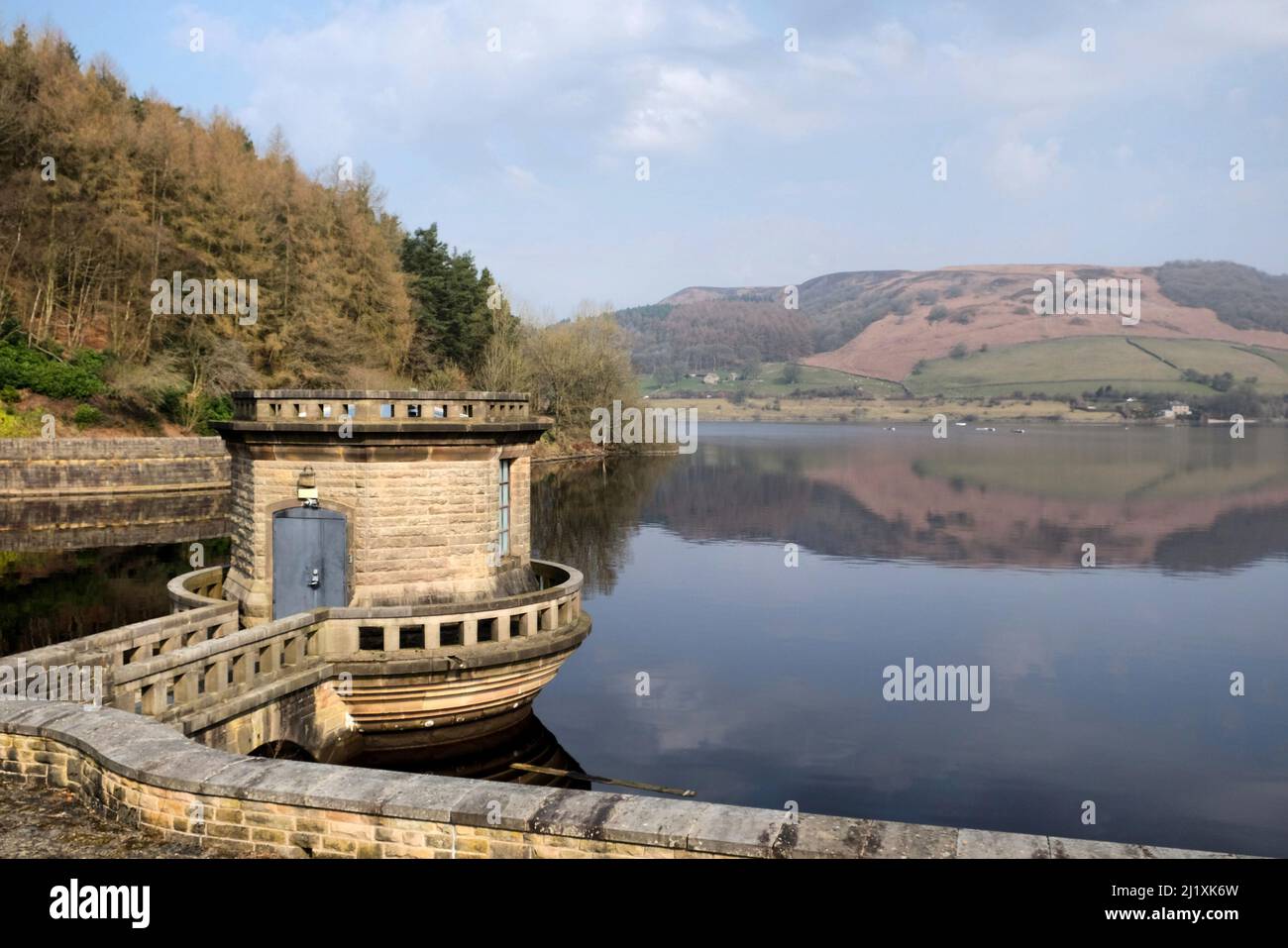 Water outlet tower on the Ladybower Reservoir dam, in the Dark Peak of ...