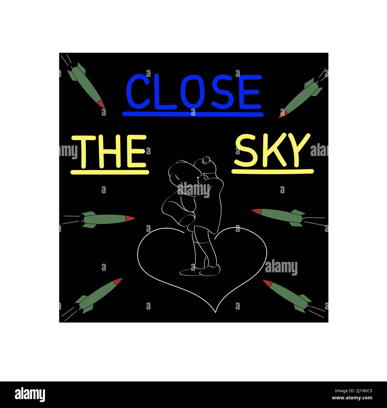 vector illustration of kid with teddy bear near bombs and close the sky ...