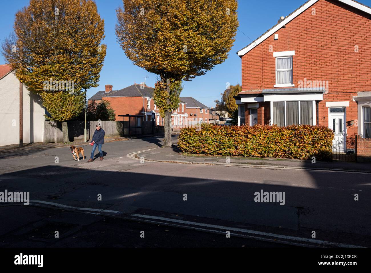 Housing estate made of red brick houses with neat front gardens with a ...