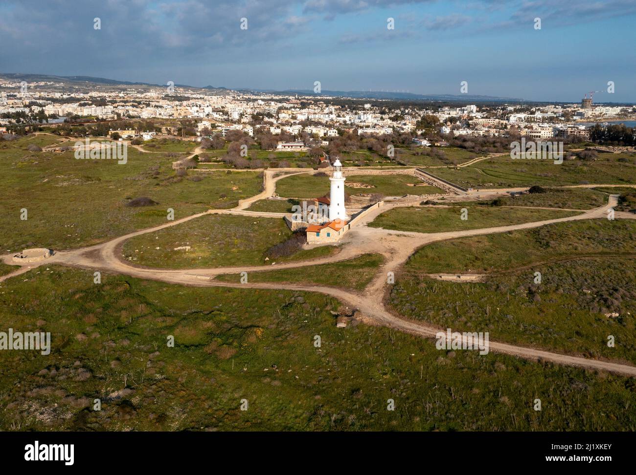 Aerial view of the Paphos lighthouse and Archaeological Park, Paphos ...
