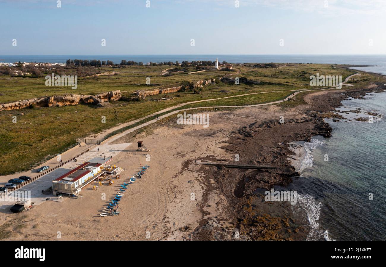 Aerial view of the Paphos lighthouse beach and Paphos Archaeological ...