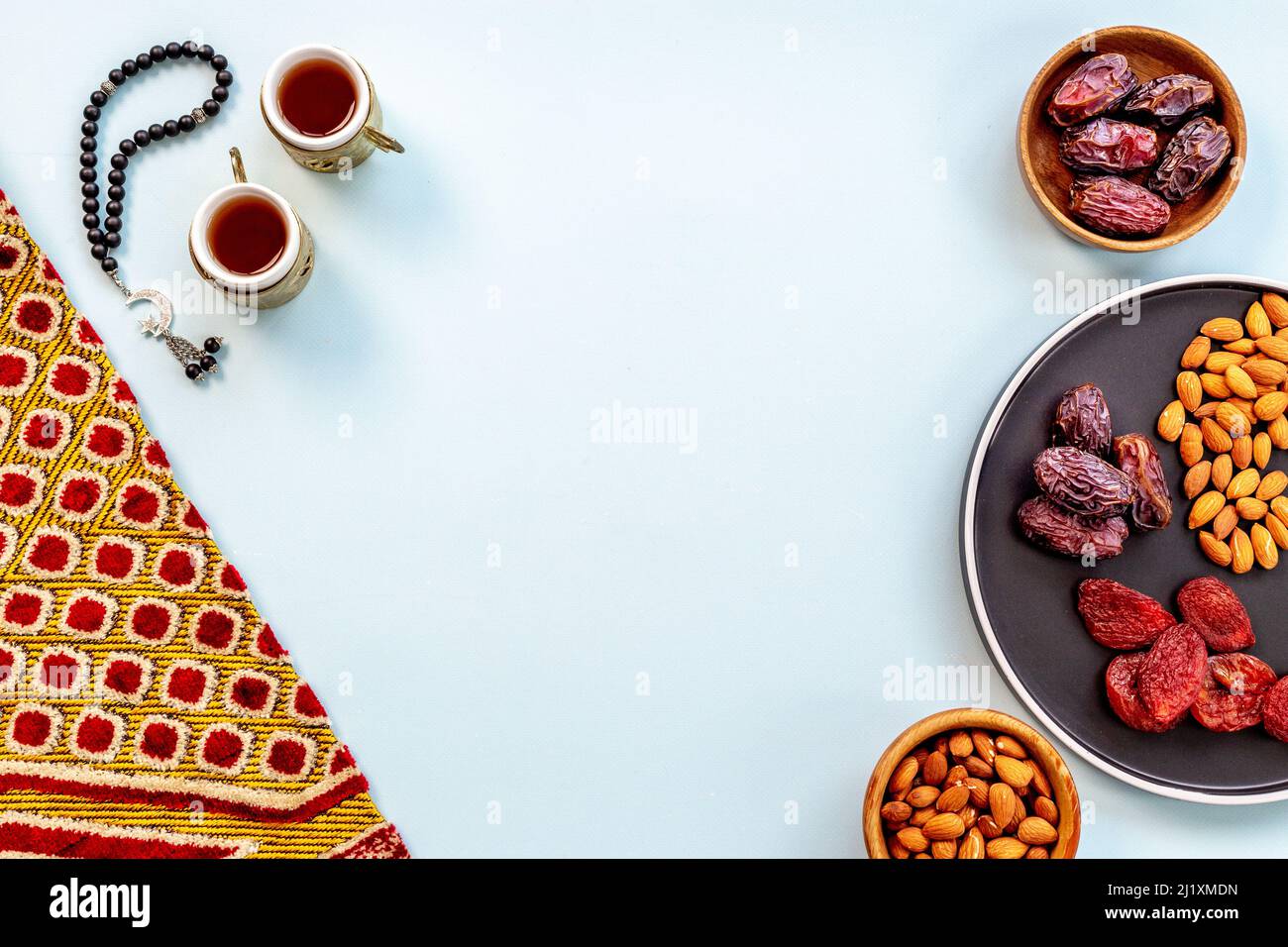 Ramadan background - Islamic prayer carpet with dates and rosary Stock ...