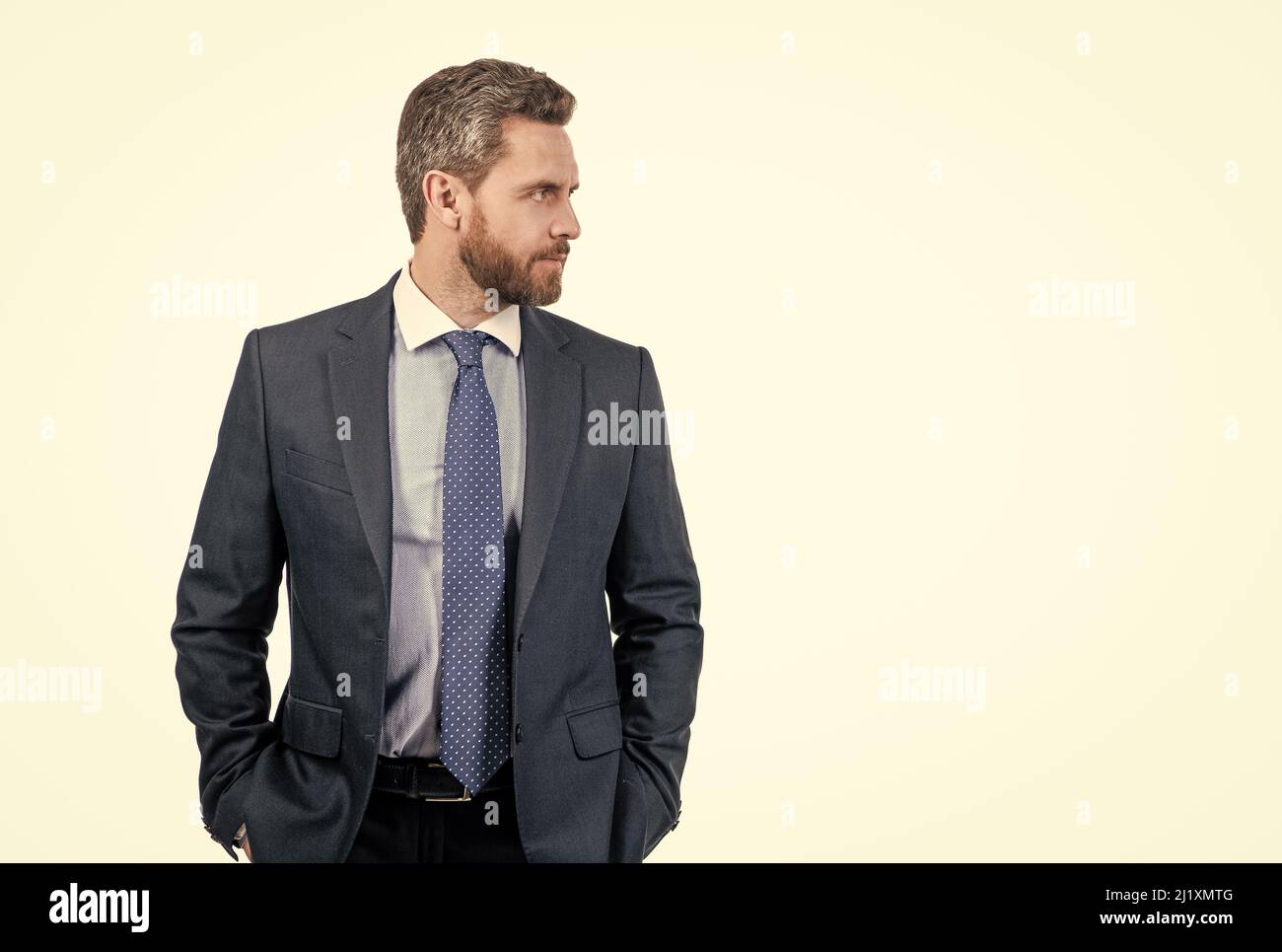 Serious professional man in formal business suit look aside isolated on ...