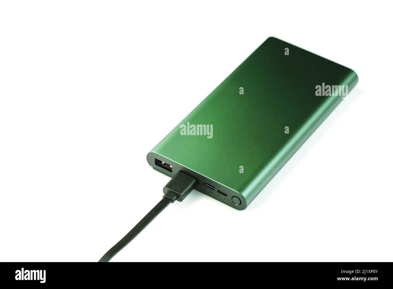 Green Power Bank on a white background for charging mobile devices with ...