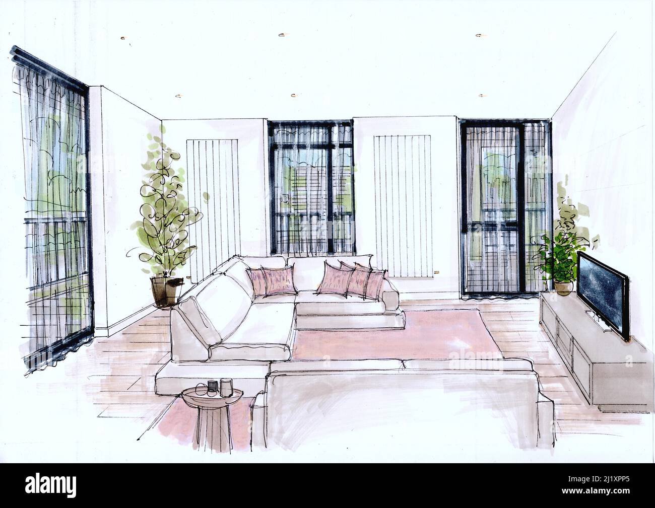 Concept sketch for a lounge on a white background Stock Photo - Alamy