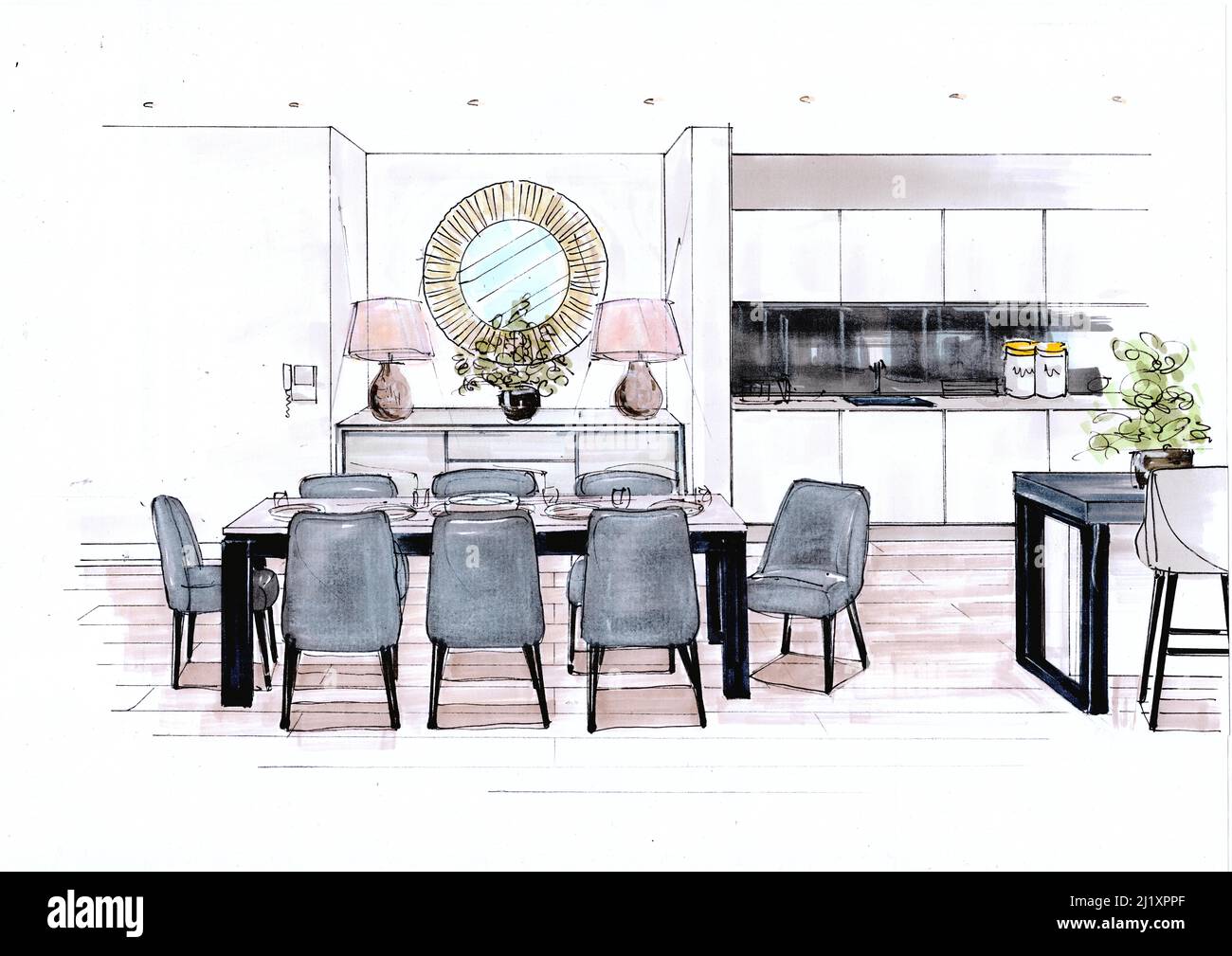 Concept sketch for a dining room on a white background Stock Photo - Alamy