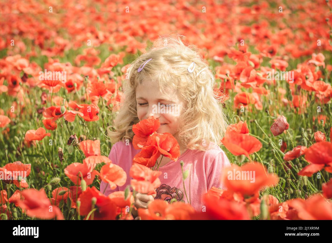 lovely little girl with red poppies in hand Stock Photo - Alamy