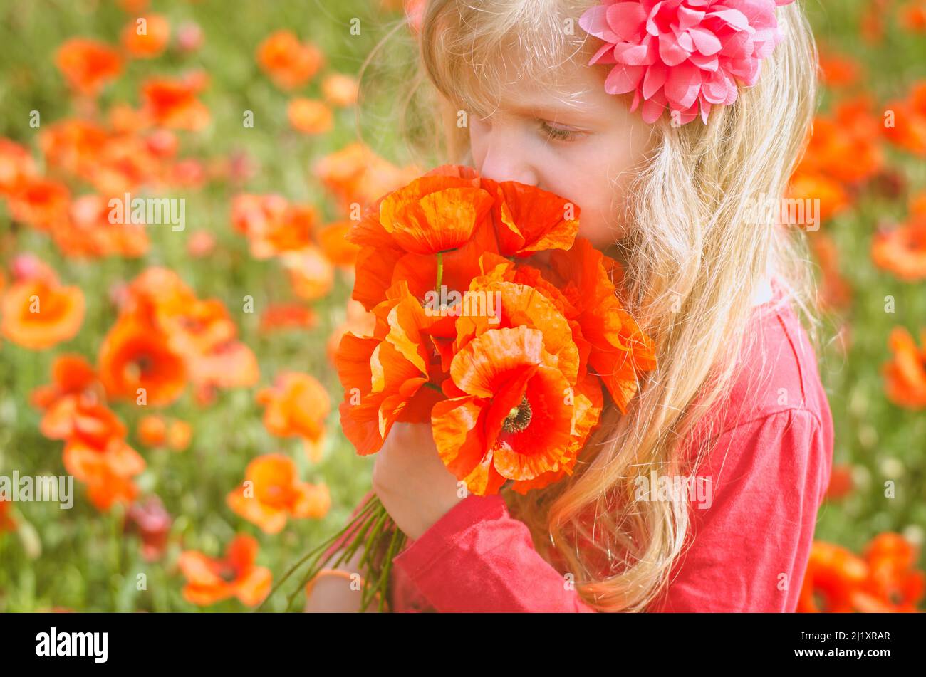 lovely little girl with red poppies in hand Stock Photo - Alamy