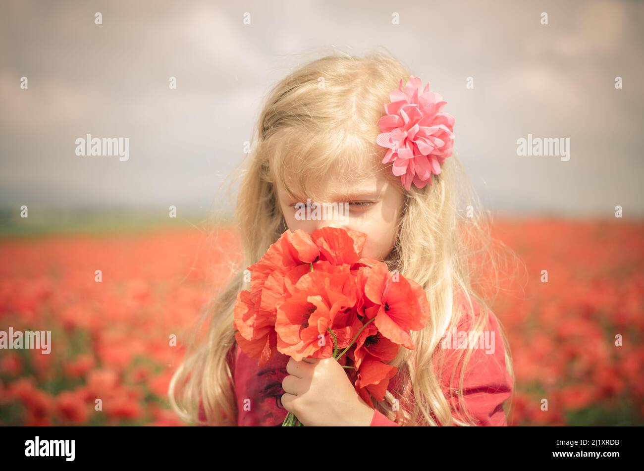 lovely little girl with red poppies in hand Stock Photo - Alamy