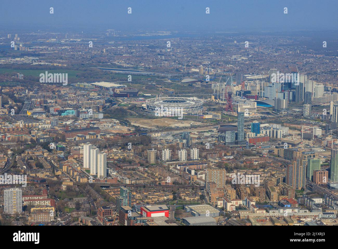 View of Stratford in East London, seen from a plane window on the ...