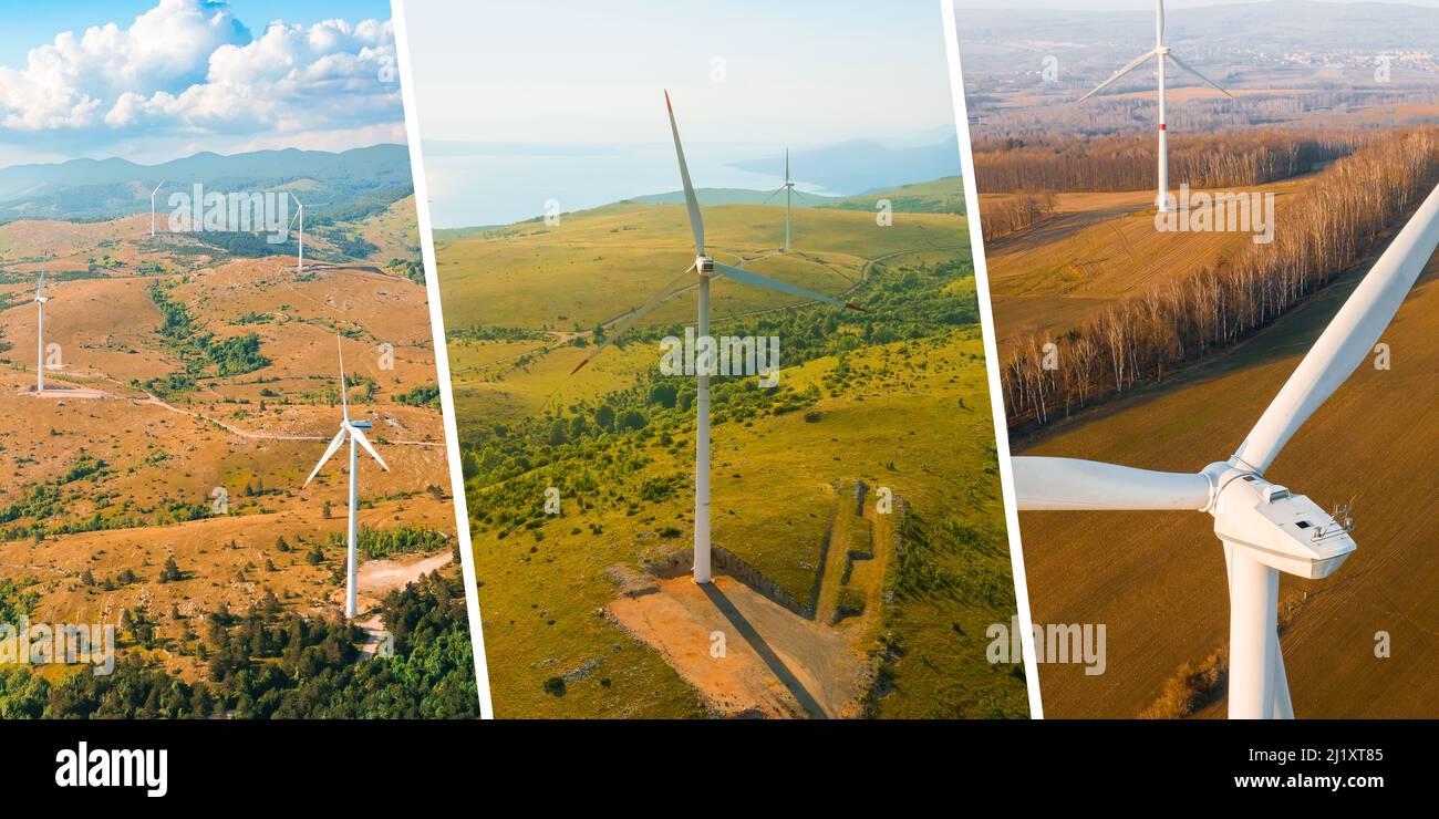 Collage with wind turbines farm for generation of renewable energy ...