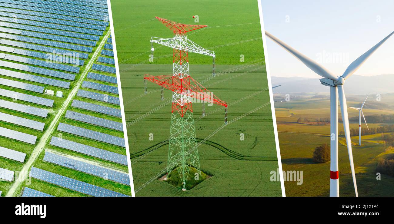 Renewable green energy collage with solar panel, windmill and pylon ...