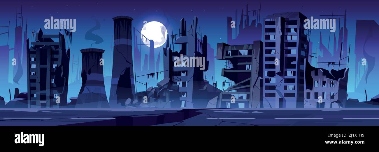 City destroy in war zone, abandoned buildings at night. Destruction ...