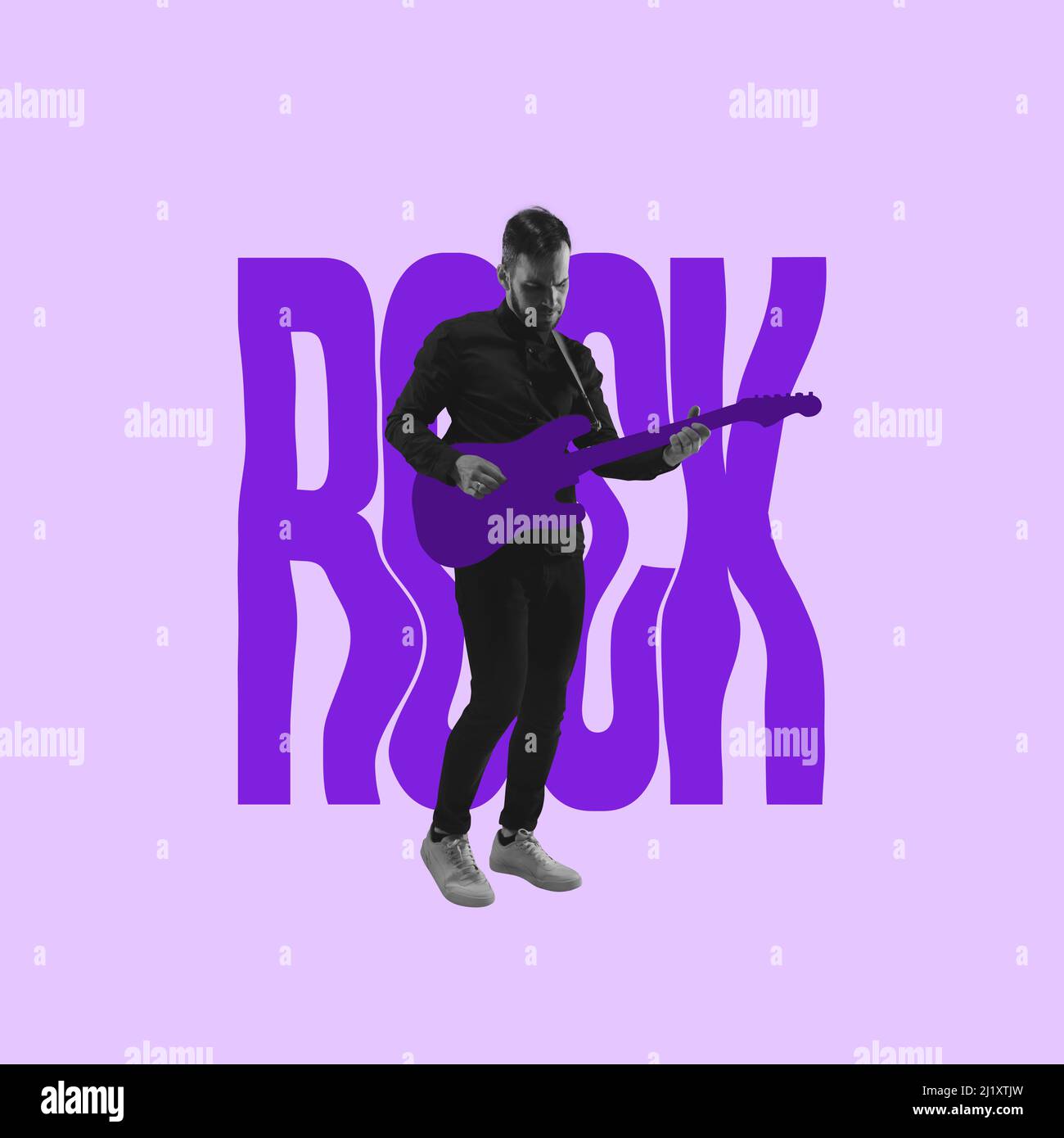 Collage. Young stylish man playing guitar, giving rock concert ...