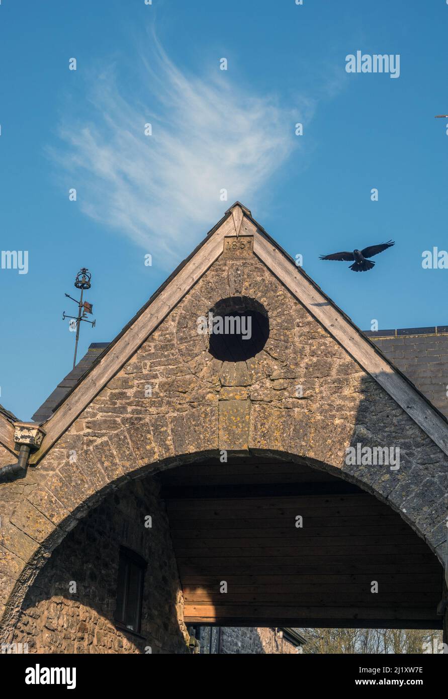 UK, England, Somerset, Mendip Hills. Priddy village green. Manor Farm ...