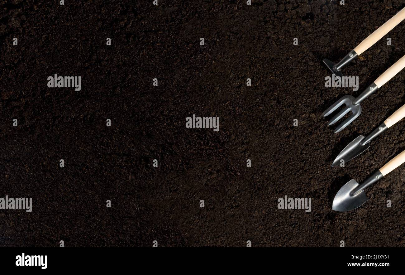 gardening tools and peat on soil background with copy space Stock Photo ...