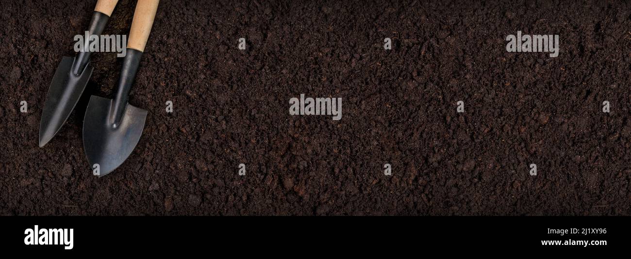 Tools soil for planting on soil background horizontal with copy space ...