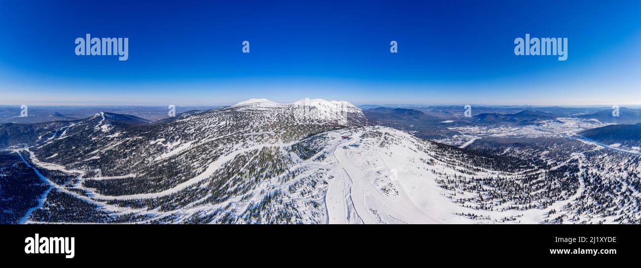 Aerial top view Panorama Sheregesh ski lift resort winter, mountain and ...