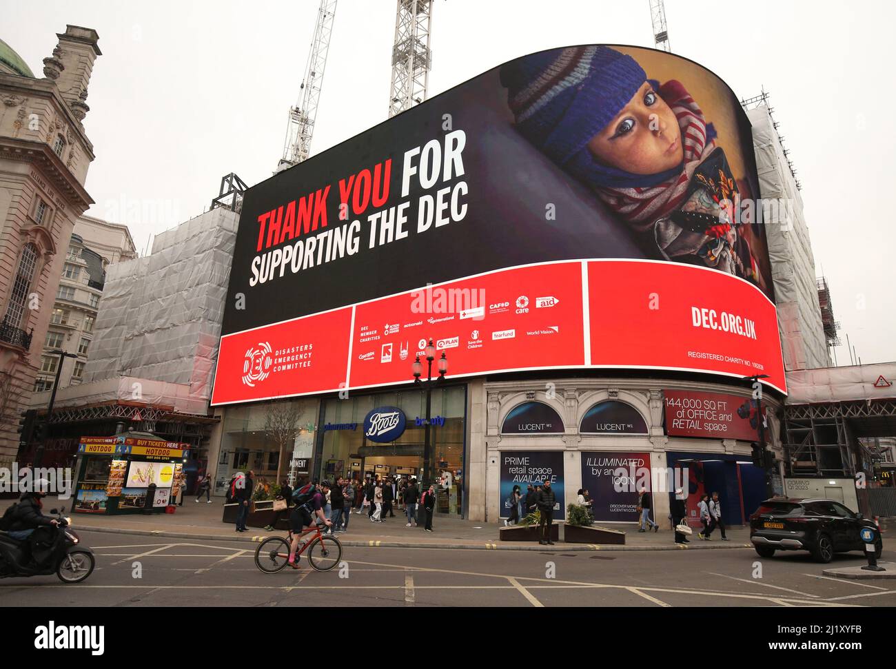 A message of thanks is displayed in lights at Piccadilly Circus, London ...