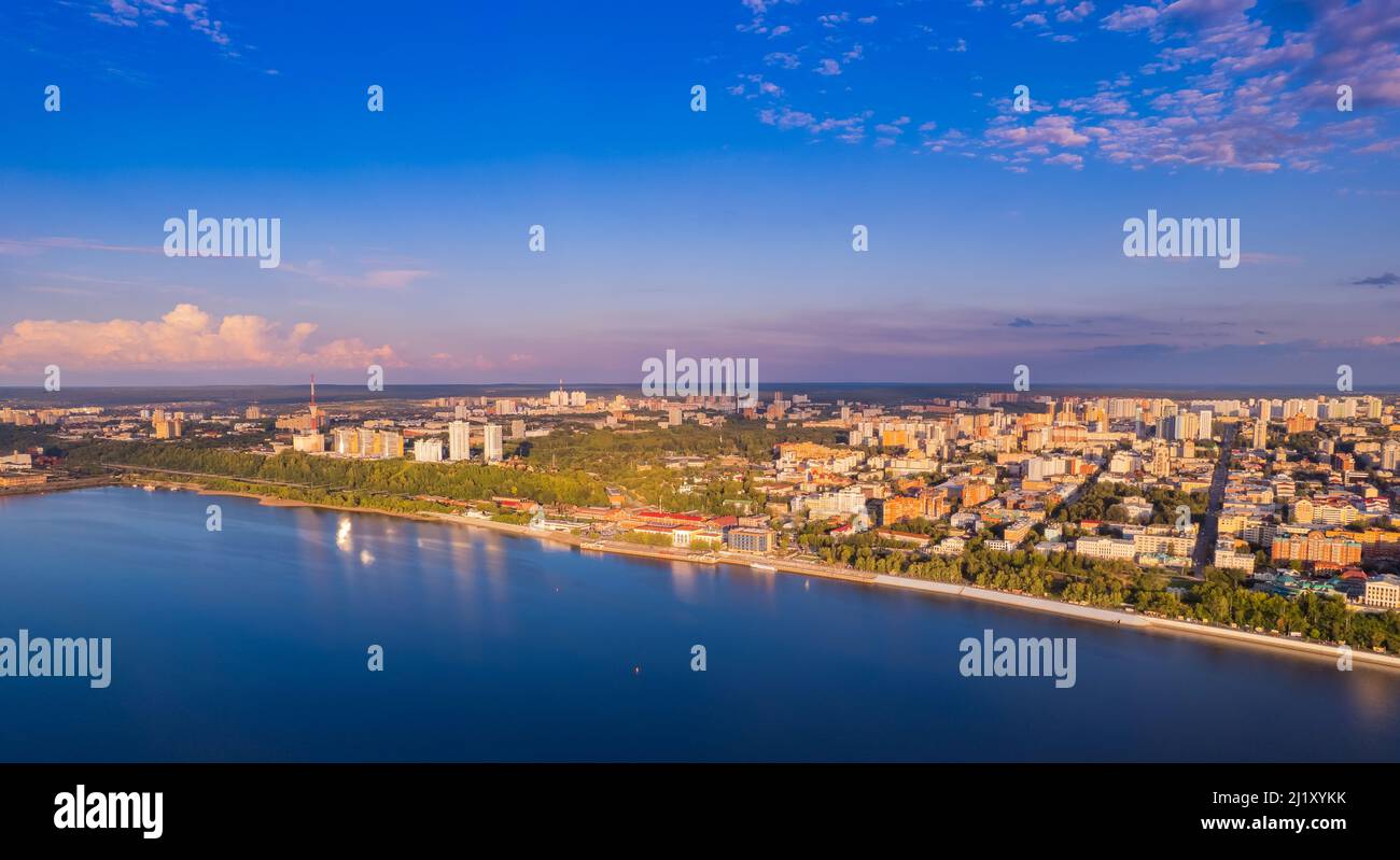 Aerial top view panorama city Perm and central embankment of Kama river ...