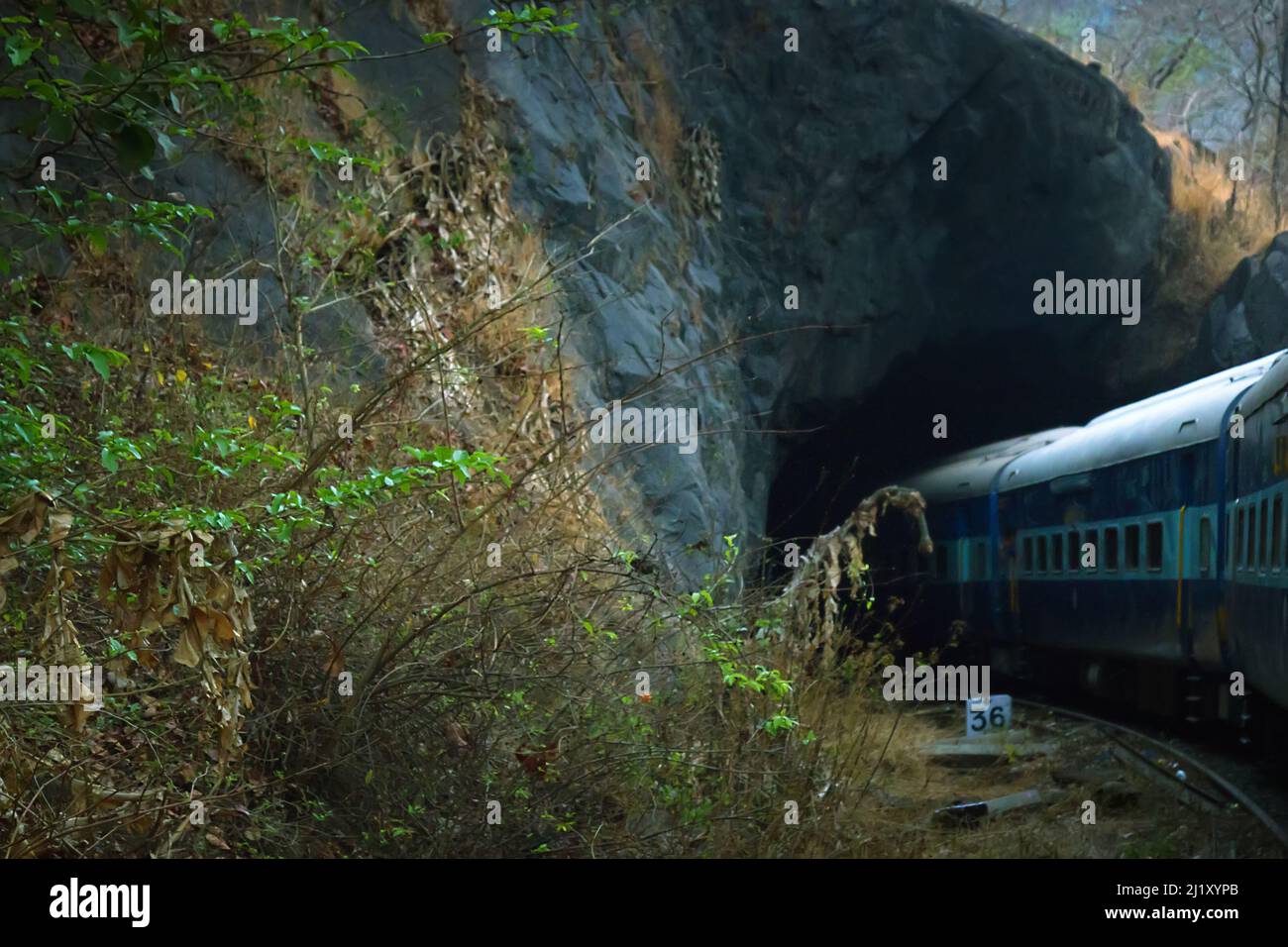 The old passenger train enters a mountain tunnel. Indian railway Stock ...