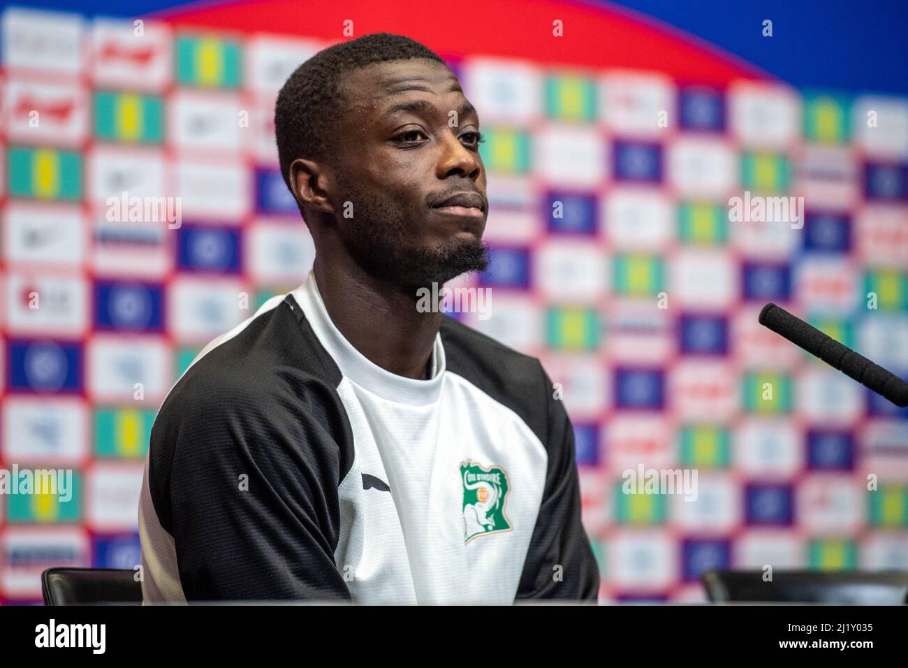 England, London, 28 March 2022 - Nicolas Pepe of Ivory Coast at press ...