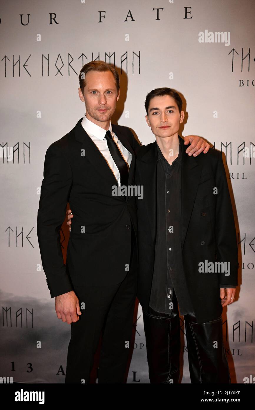 STOCKHOLM 20220328 Alexander Skarsgard and Gustav Lindh arrive at the ...