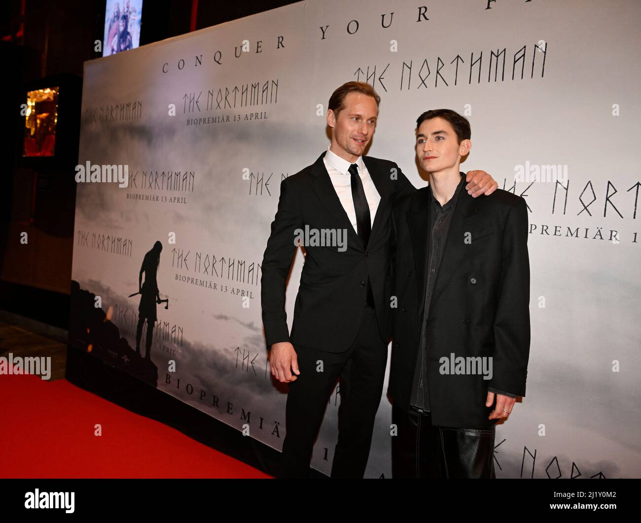 STOCKHOLM 20220328 Alexander Skarsgard and Gustav Lindh arrive at the ...