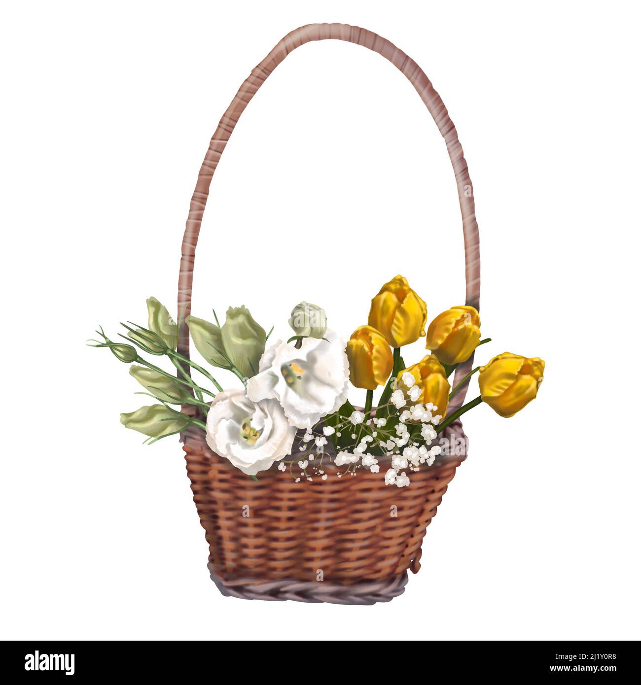 Watercolor spring illustration. Bright flowers in a basket. Realistic ...