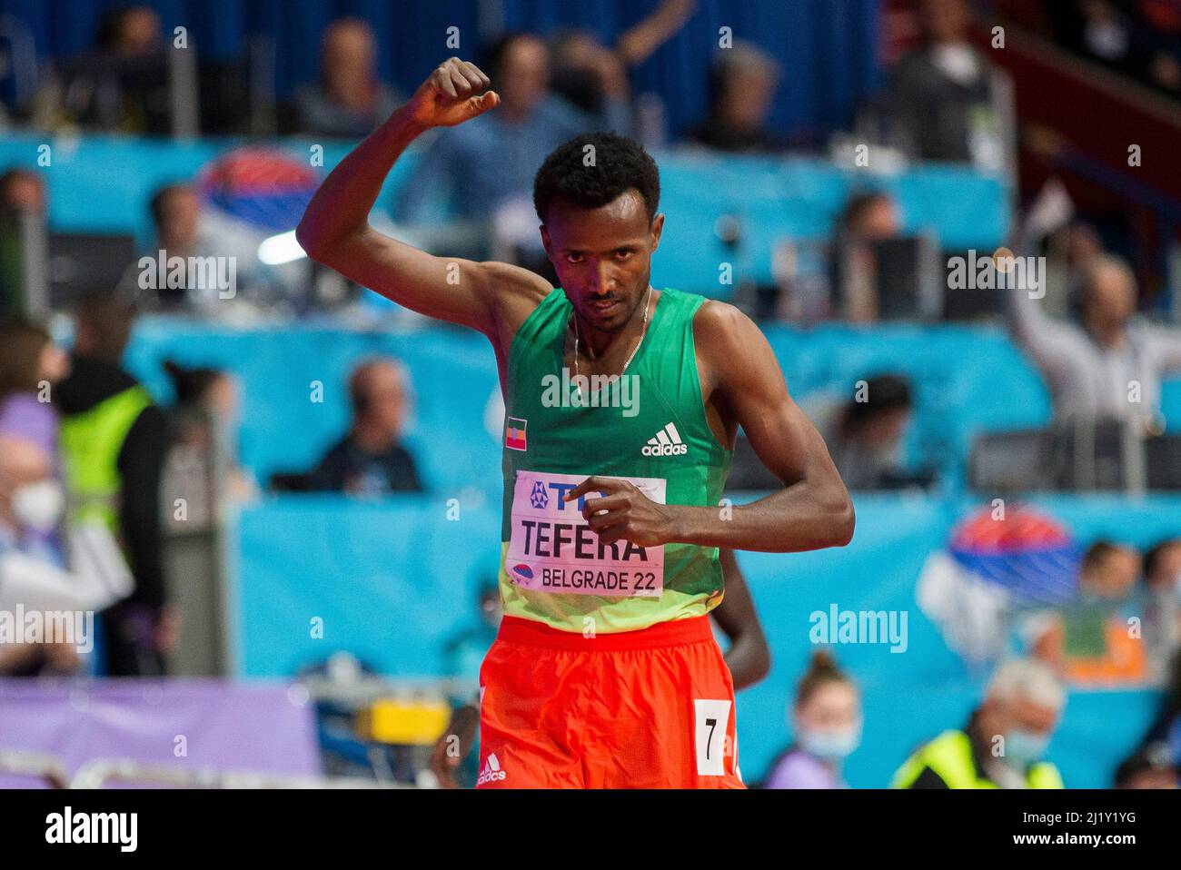Belgrade, Serbia, 20th March 2022. Samuel Tefera of Ethiopia celebrates ...