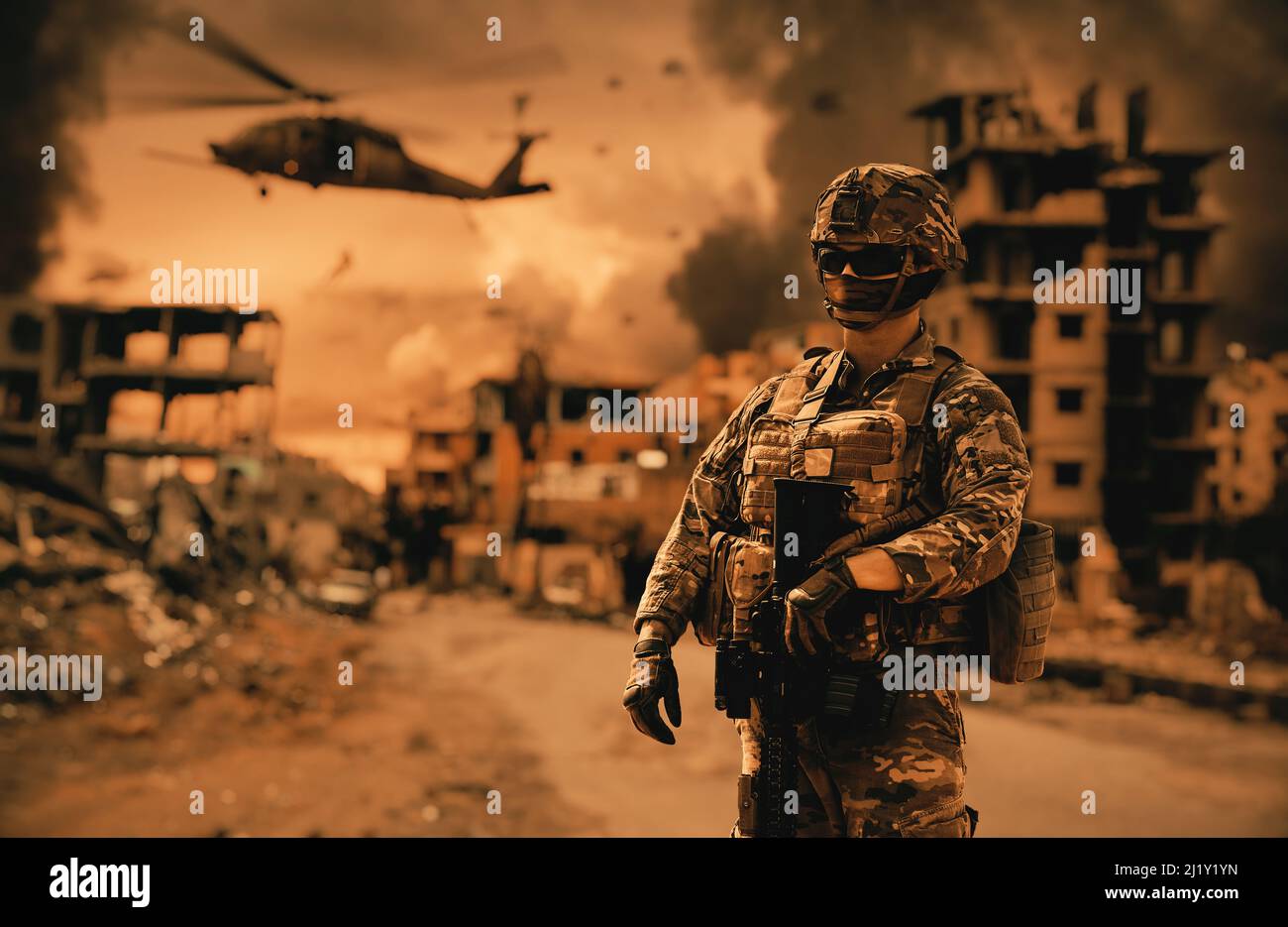 Military forces & helicopters between smoke and dust in destroyed city ...