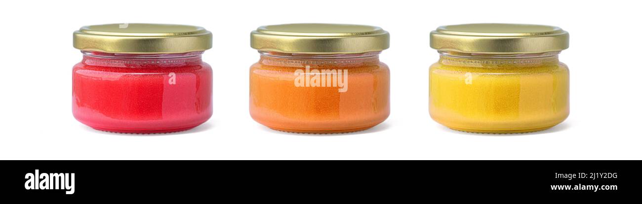 Set of little jars jam isolated on white background Stock Photo - Alamy