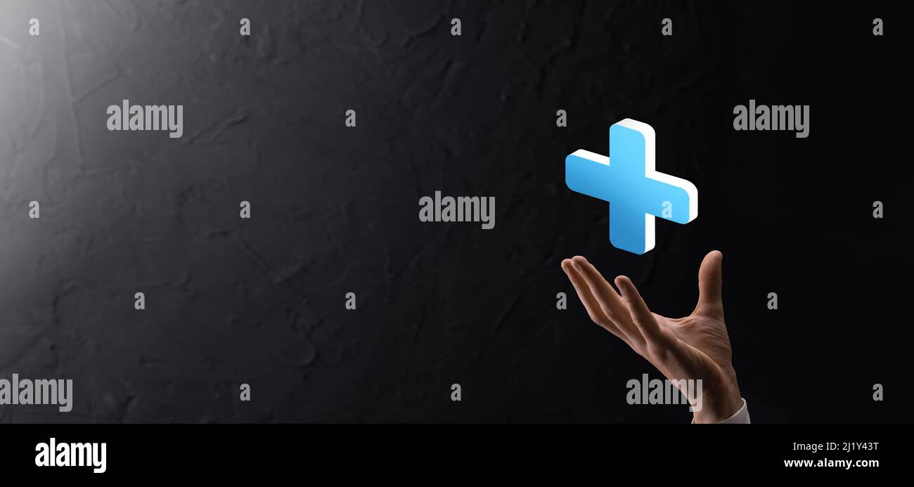 Businessman hold 3D plus icon, man hold in hand offer positive thing ...