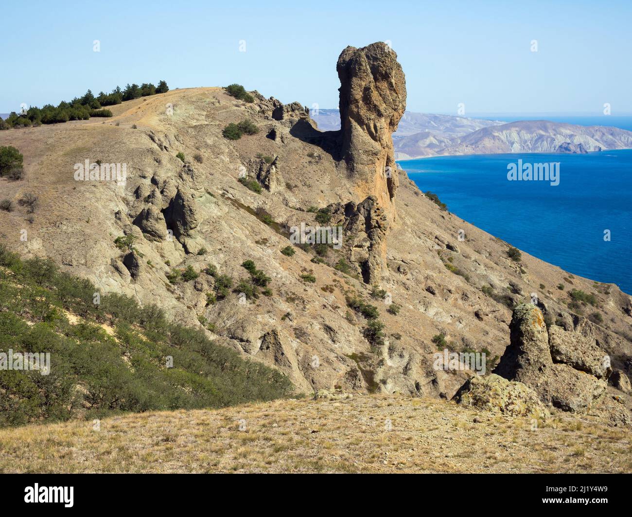 View of the rock Devil's finger. Karadag nature reserve. Crimea Stock ...
