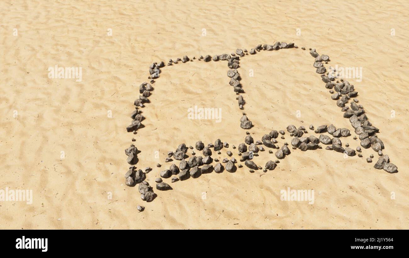 Concept conceptual stones on beach sand handmade symbol shape, golden ...